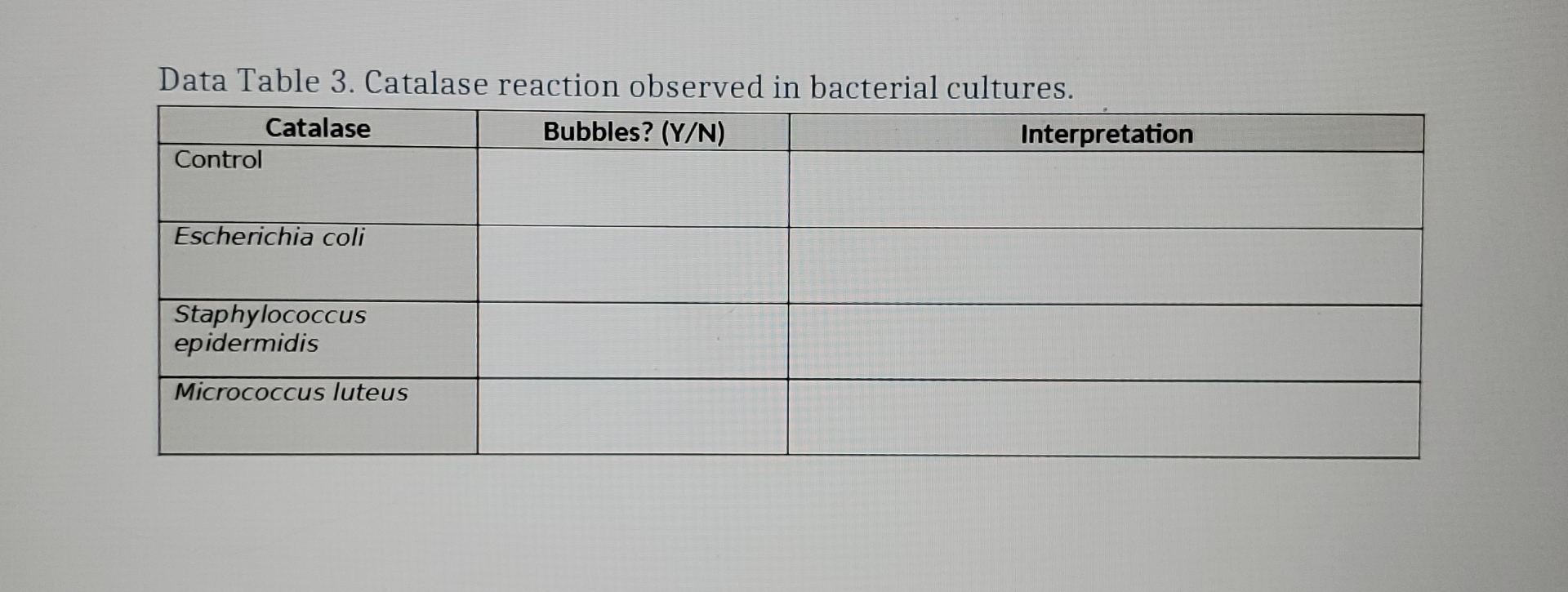 Solved Data Table 3. ﻿Catalase reaction observed in | Chegg.com