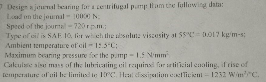 7 ﻿Design a journal bearing for a centrifugal pump | Chegg.com