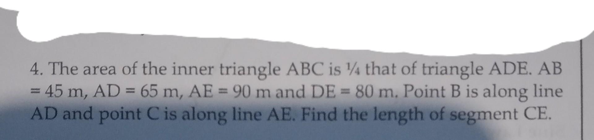 Solved 4. The area of the inner triangle ABC is 1/4 that of | Chegg.com