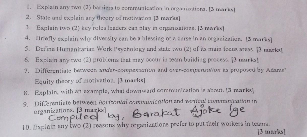 Solved 1. Explain any two (2) barriers to communication in | Chegg.com Solved 1. Explain any two (2) barriers to communication in | Chegg.com