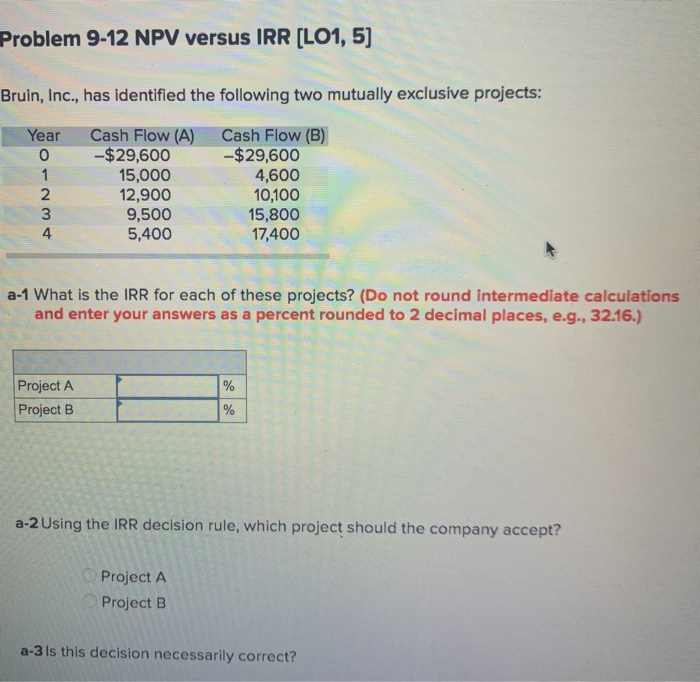 Solved Problem 9-12 NPV versus IRR (LO1, 5) Bruin, Inc., has | Chegg.com