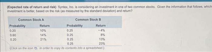 Solved (Expected rate of return and risk) Syntex, Inc, is | Chegg.com