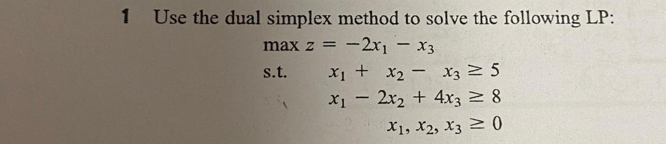 1 ﻿Use the dual simplex method to solve the following | Chegg.com