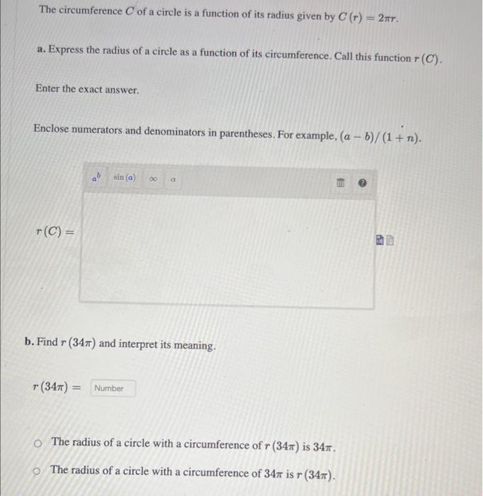 Solved The circumference C of a circle is a function of its | Chegg.com