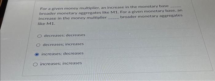 Solved For a given money multiplier, an increase in the | Chegg.com