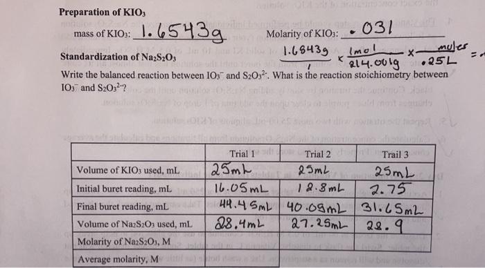 Solved • Preparation of KIO, mass of KIO: Molarity of KIO:: | Chegg.com