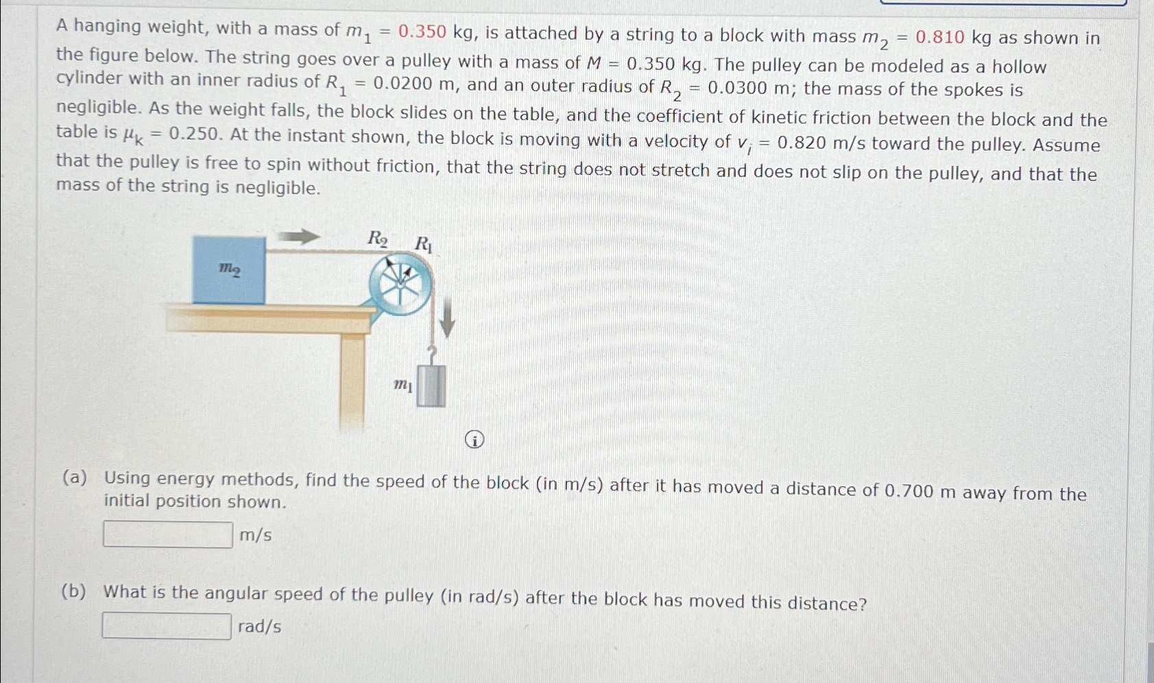 Solved A hanging weight, with a mass of m1=0.350kg, ﻿is | Chegg.com