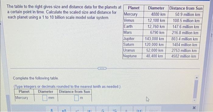 Solved complete the table for each planet - diameter (mm) | Chegg.com
