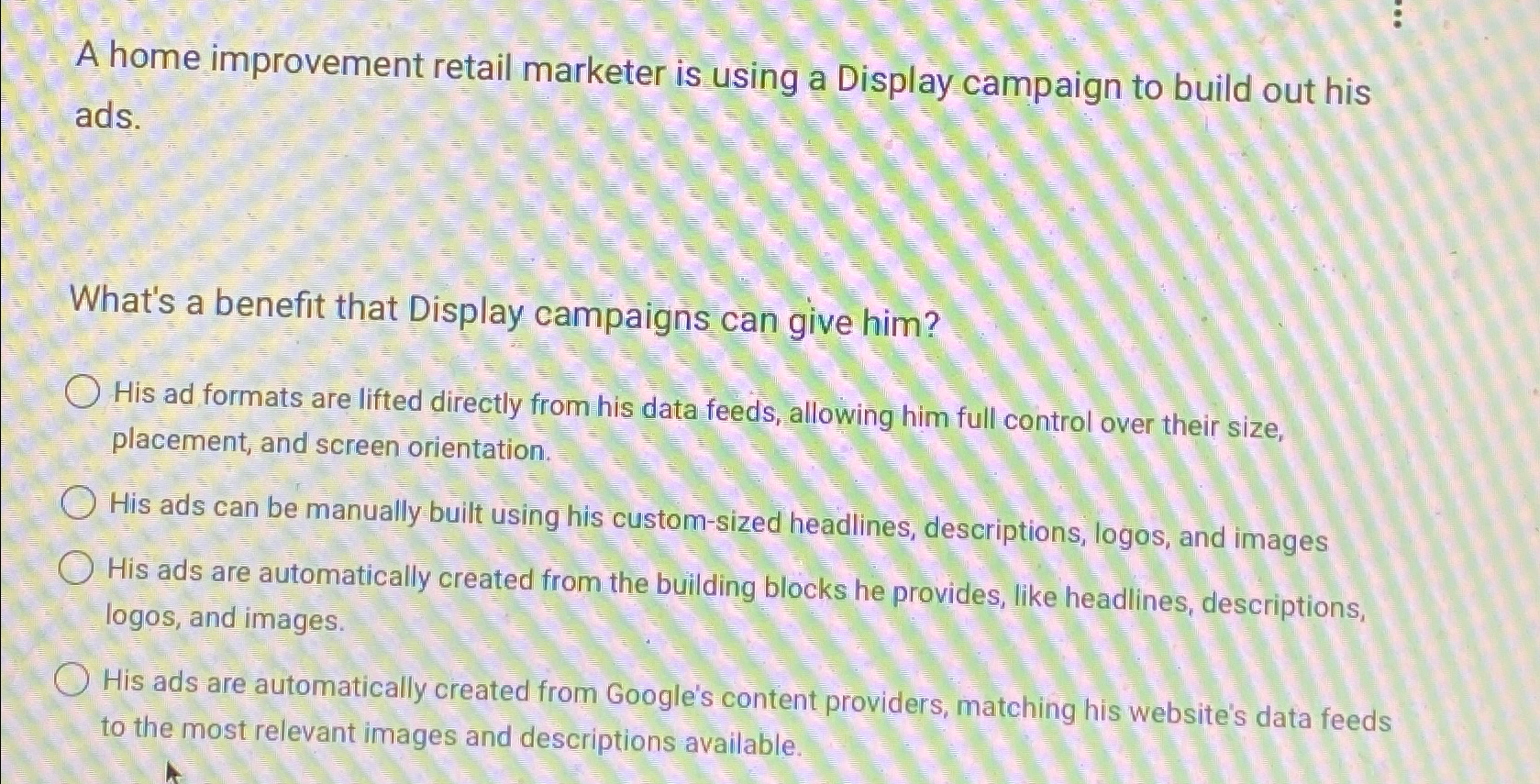 Solved A home improvement retail marketer is using a Display | Chegg.com