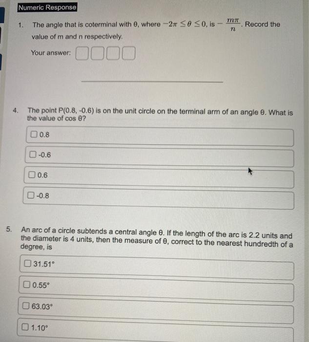 Solved Numeric Response 1. m n The angle that is coterminal | Chegg.com