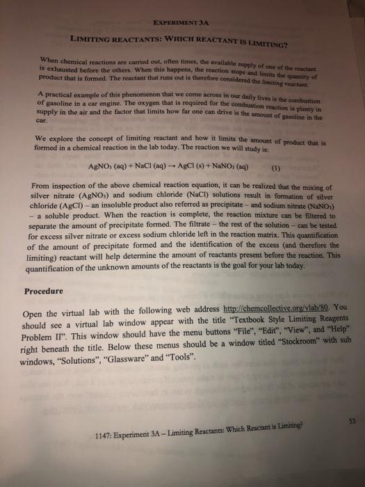 EXPERIMENT 3A LIMITING REACTANTS: WHICH REACTANT IS | Chegg.com