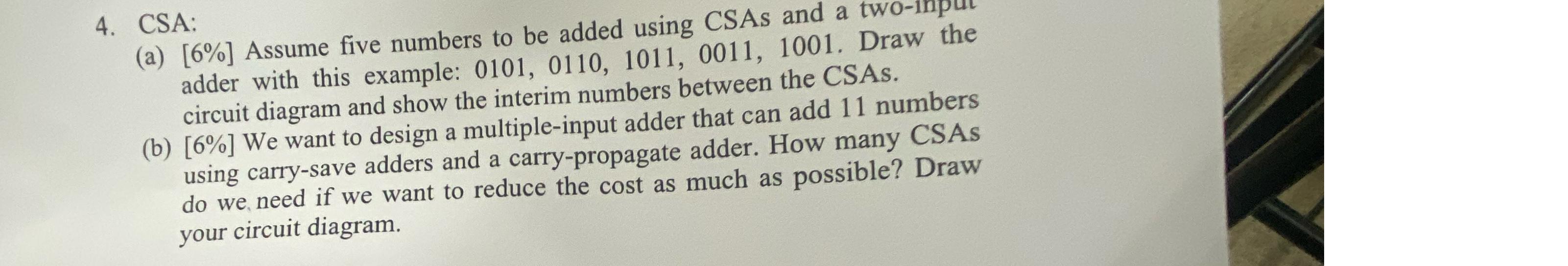 Solved CSA:(a) 6% ﻿Assume five numbers to be added using | Chegg.com