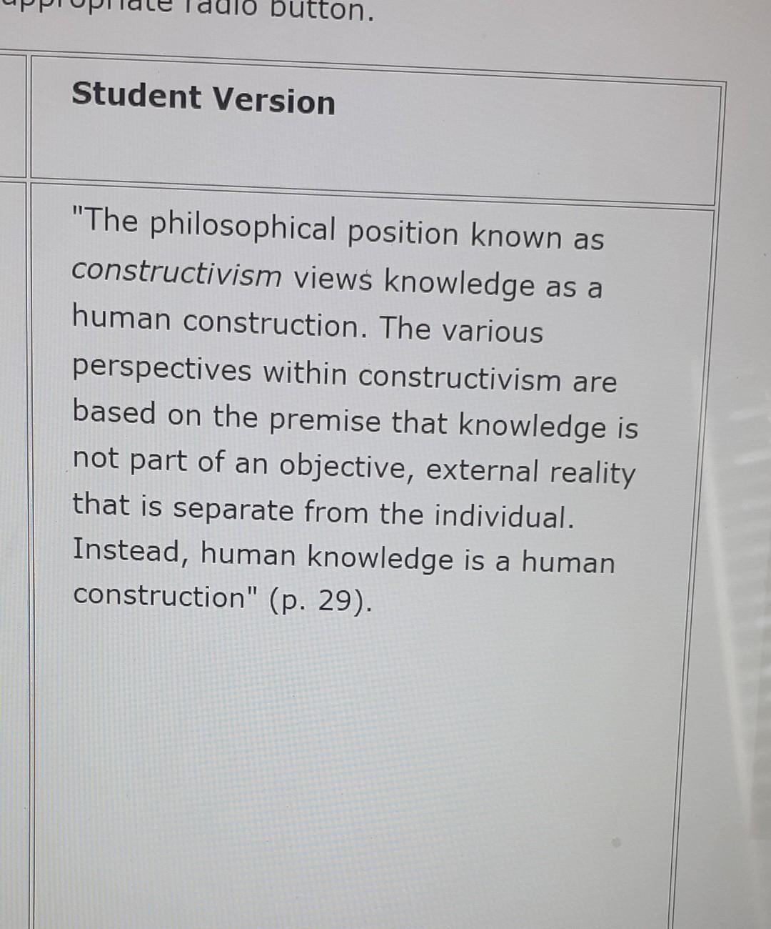 The philosophical position known as constructivism | Chegg.com