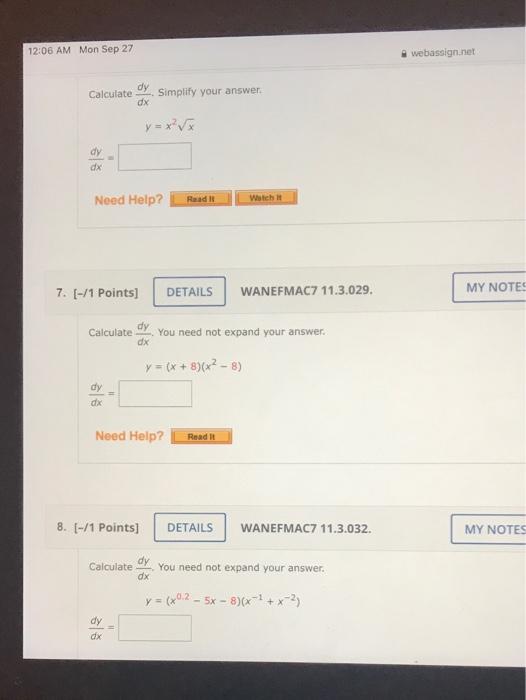 Solved 12:06 AM Mon Sep 27 webassign.net dy Calculate dx | Chegg.com