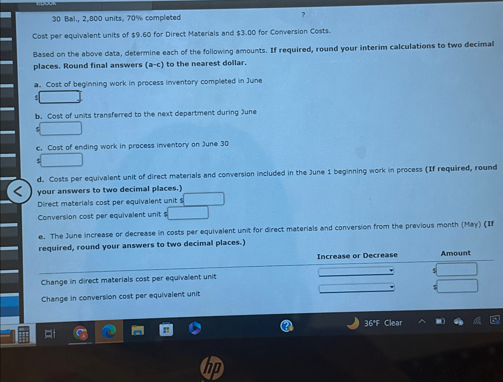 Solved 30 ﻿Bal., 2,800 ﻿units, 70% ﻿completed?Cost per | Chegg.com