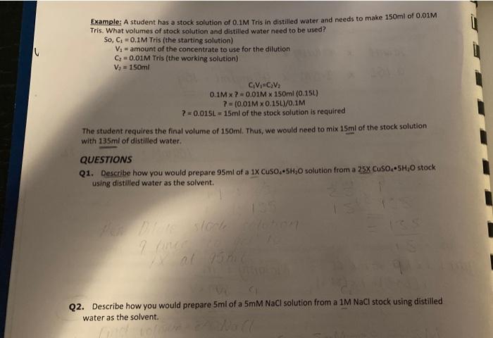 Solved Example: A student has a stock solution of 0.1M Tris | Chegg.com