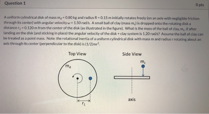 Solved Question 1 O pts A uniform cylindrical disk of mass | Chegg.com