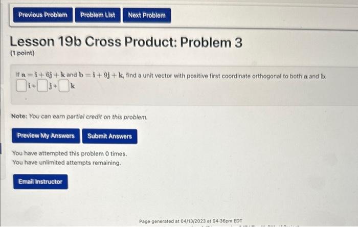 Solved Lesson 19b Cross Product: Problem 3 (1 point) If | Chegg.com