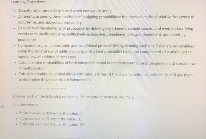 Solved . Learning Objectives: Describe what probability is | Chegg.com
