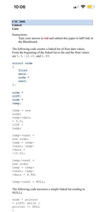 Solved Csc 260l Linked Lists Instructions Type Your Answer