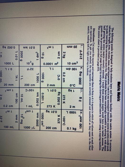Solved Metric Matrix The following puzzle is designed to | Chegg.com