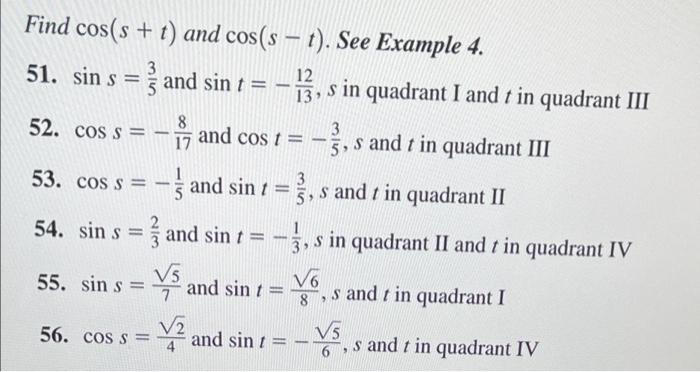 Solved 3 8 17 - 3 Find cos(s + t) and cos(s – t). See | Chegg.com