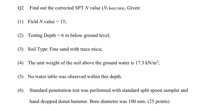 Solved Q2 Find out the corrected SPT N value (N1)60(Corr). | Chegg.com