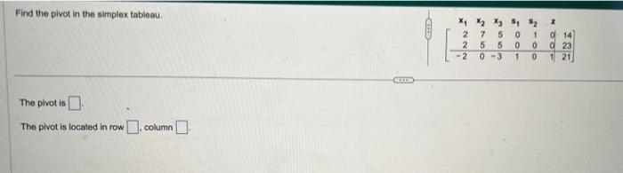 Solved Find the pivot in the simplex tableau. The pluot is | Chegg.com