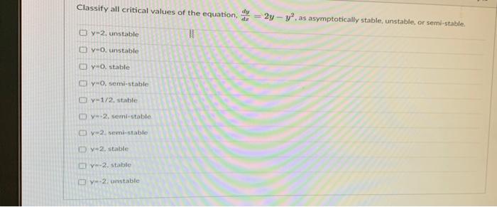 Solved Classify all critical values of the equation= 2y - y, | Chegg.com