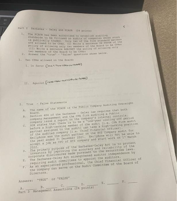 Solved Part 2 Sarbanes - Oxley and PCAOM (24 pointa) 1. The | Chegg.com