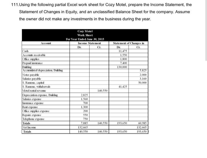 Solved 111. Using the following partial Excel work sheet for | Chegg.com