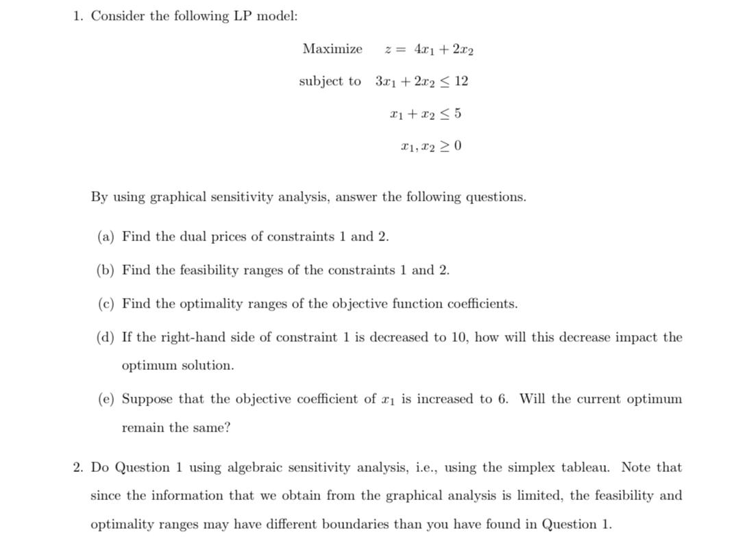 Solved Consider the following LP model: ﻿Maximize z=4x1+2x2 | Chegg.com