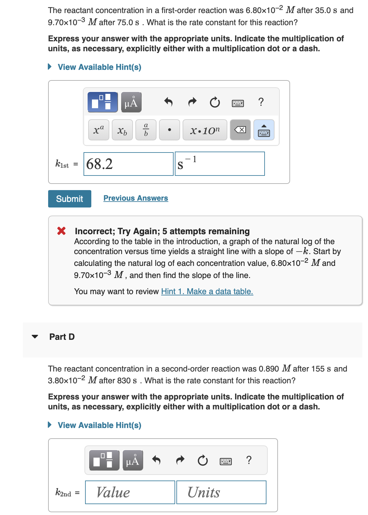 Solved The reactant concentration in a first-order reaction | Chegg.com