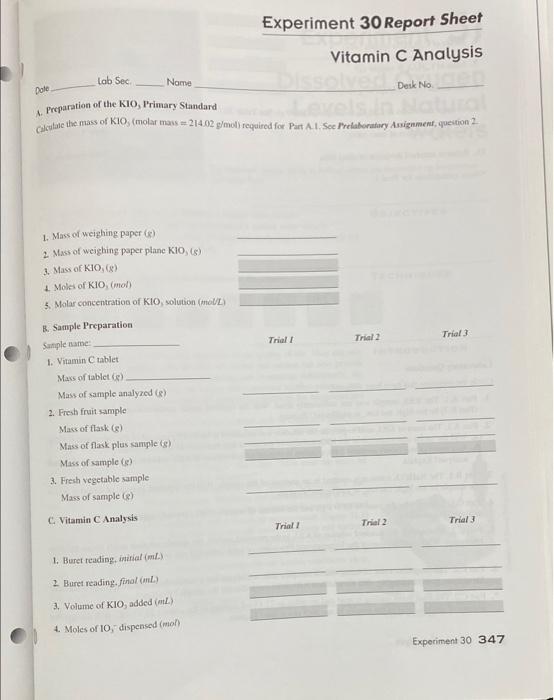 Experiment 30 Report Sheet Vitamin C Analysis Lab Sec | Chegg.com