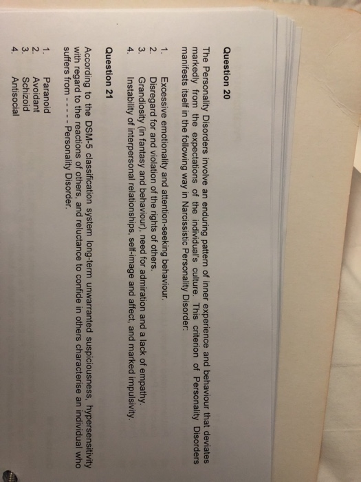 A wN- Question 20 The Personality Disorders involve | Chegg.com