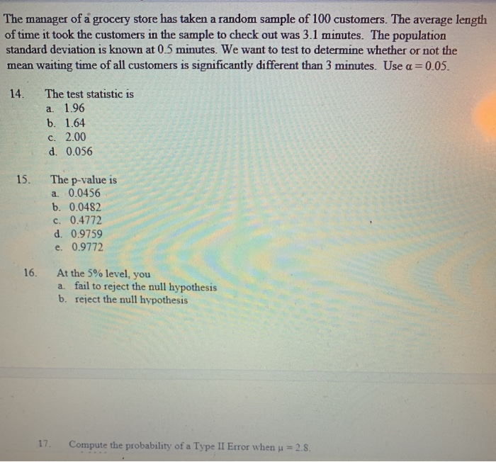 Solved The manager of a grocery store has taken a random | Chegg.com