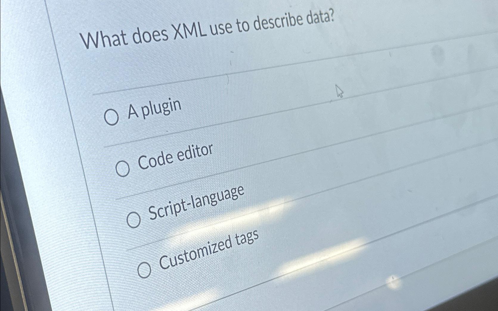 Solved What does XML use to describe data?A pluginCode | Chegg.com