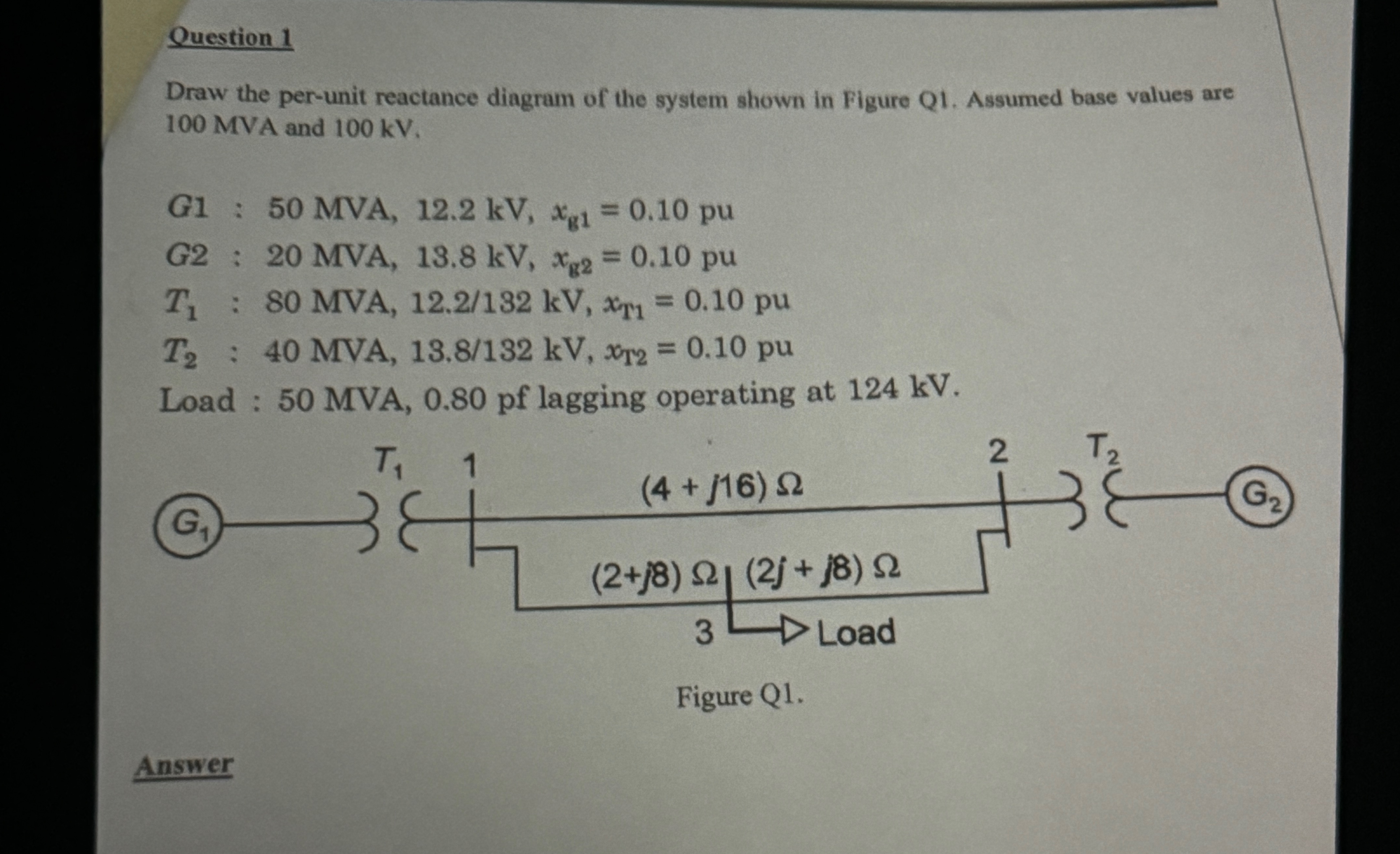 Solved Question 1draw The Per Unit Reactance Diagram Of The