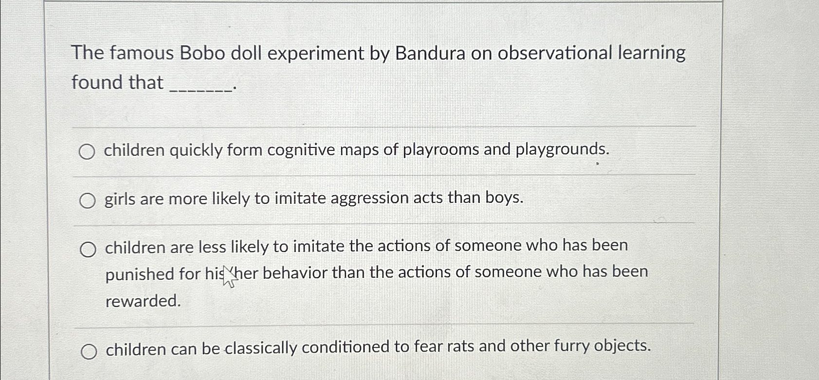 Solved The famous Bobo doll experiment by Bandura on | Chegg.com