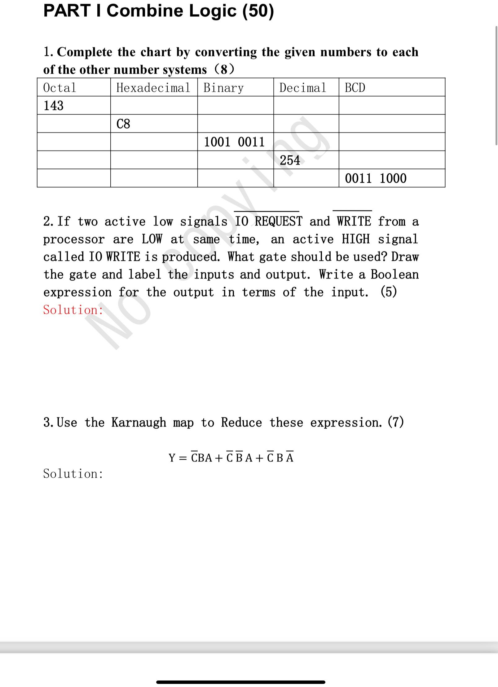 Solved PART I Combine Logic (50)Complete the chart by | Chegg.com