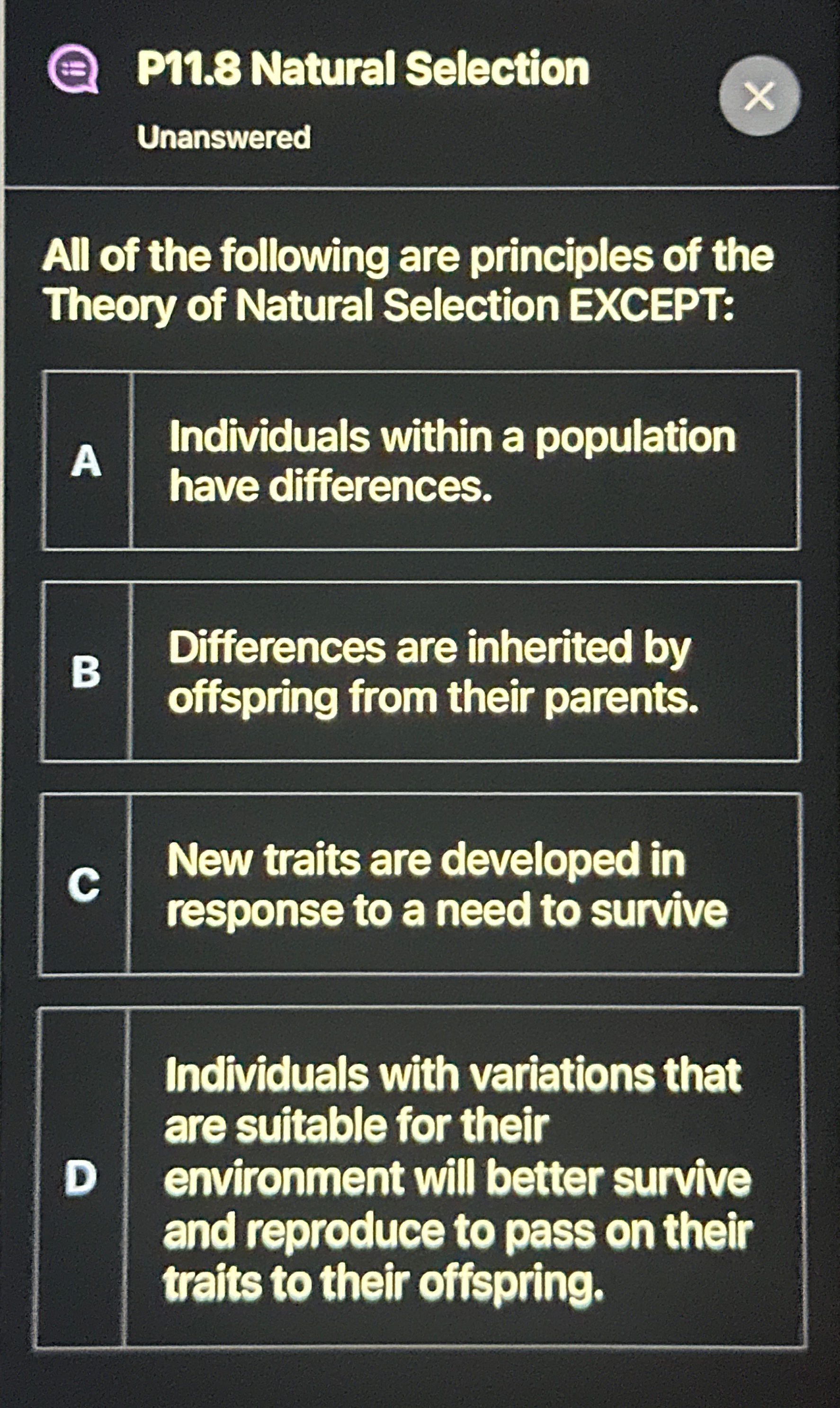 Solved P11.8 ﻿Natural SelectionUnansweredAll of the | Chegg.com