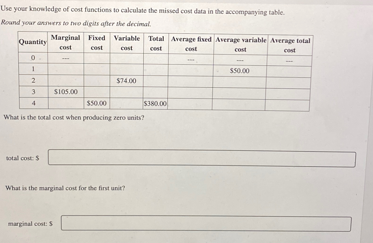 Solved Use your knowledge of cost functions to calculate the | Chegg.com