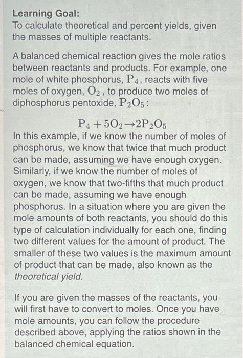 Solved To calculate theoretical and percent yields, given | Chegg.com