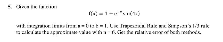 Solved Given the functionf(x)=1+e-xsin(4x)with integration | Chegg.com