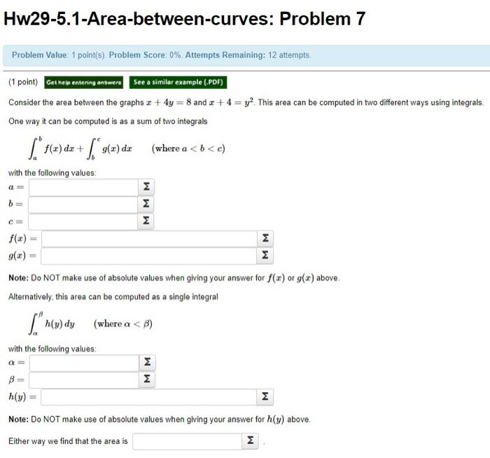 Solved Hw29-5.1-Area-between-curves: Problem 7 Problem Value | Chegg.com