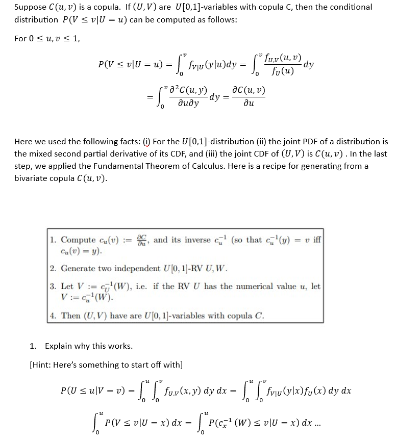 Suppose C(u,v) ﻿is a copula. If (U,V) ﻿are | Chegg.com