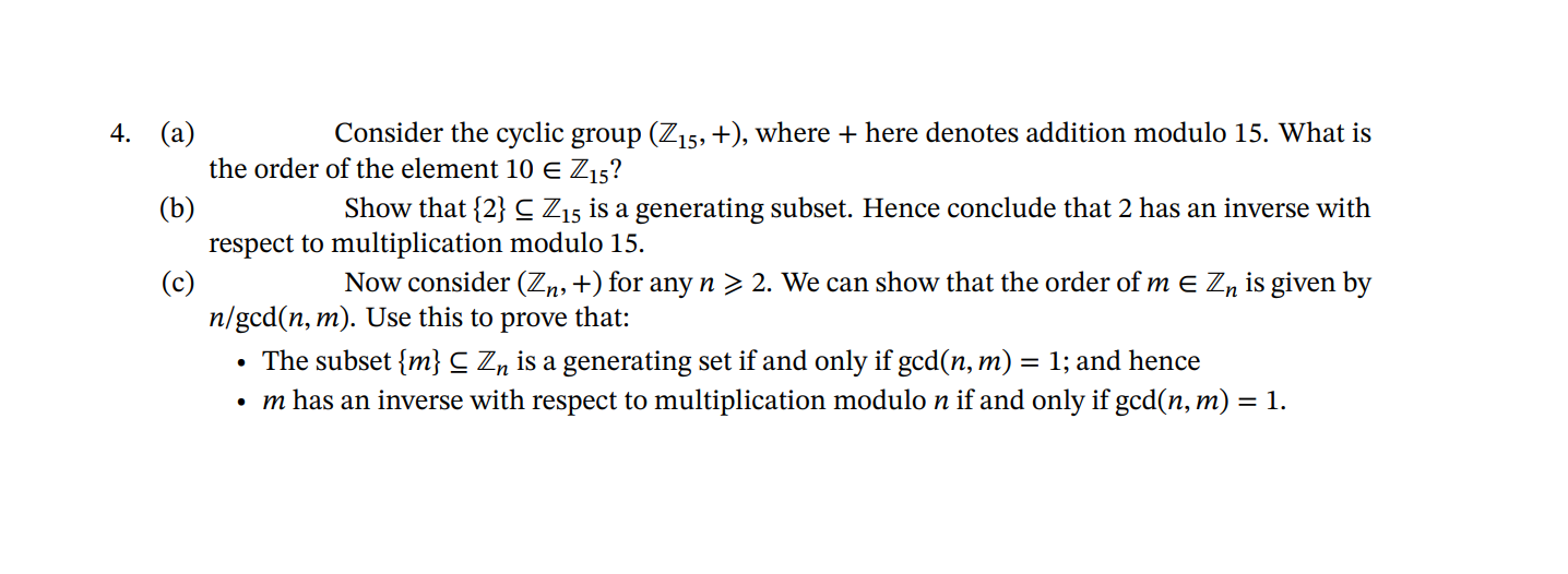 Solved (a)Consider the cyclic group (Z15,+), ﻿where + ﻿here | Chegg.com