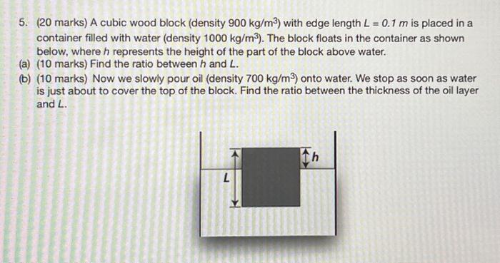 Solved 5. ( 20 marks) A cubic wood block (density 900 kg/m3 | Chegg.com