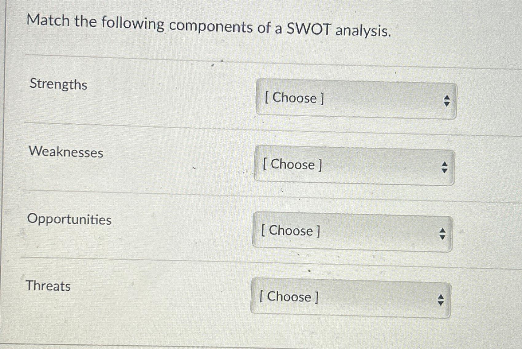 Solved Match the following components of a SWOT | Chegg.com