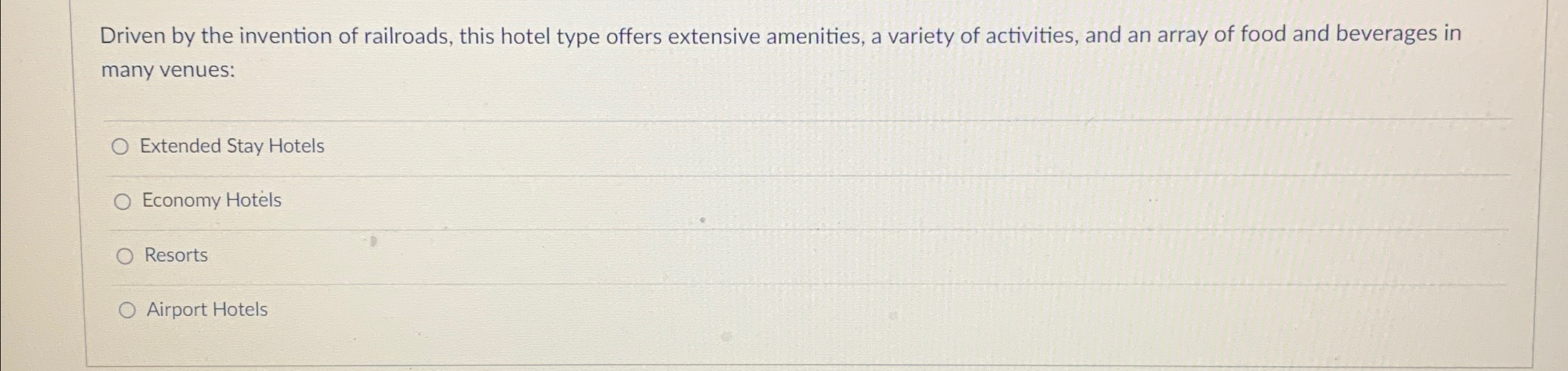 Solved Driven by the invention of railroads, this hotel type | Chegg.com